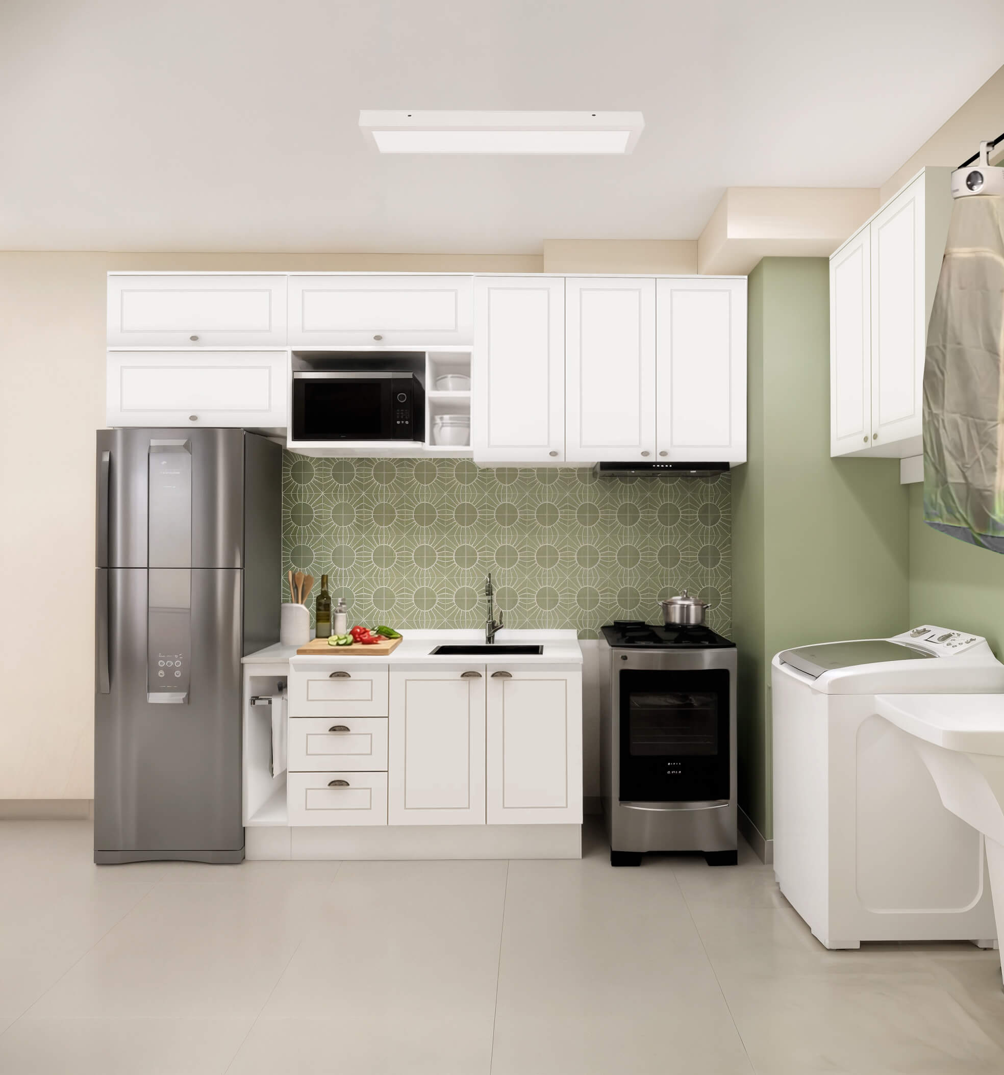 Cozinha linear com lavanderia integrada - Branco Clássico